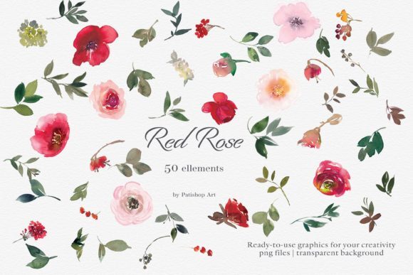 Watercolor Red Rose Clipart Set
