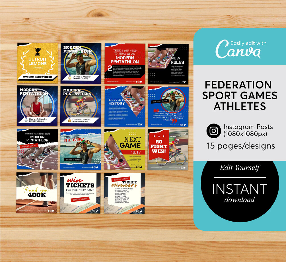15 Federation Athlete SportGames Instagram Posts - Editable in Canva