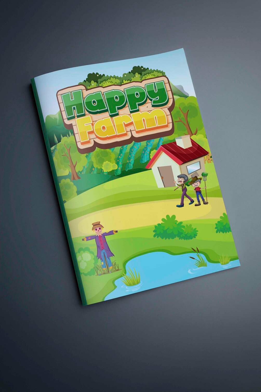 Happy Farm with water, farm house and two farmers style Book Cover ...