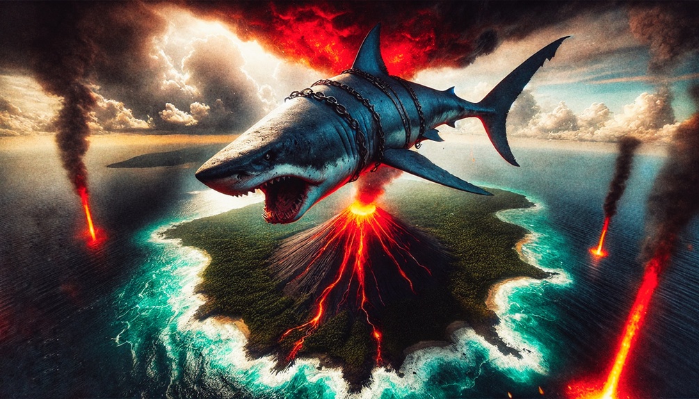 Shark falling into an active volcano