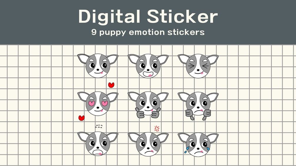 9 Puppy daily emotion digital stickers for goodnotes, digital planner / PNG