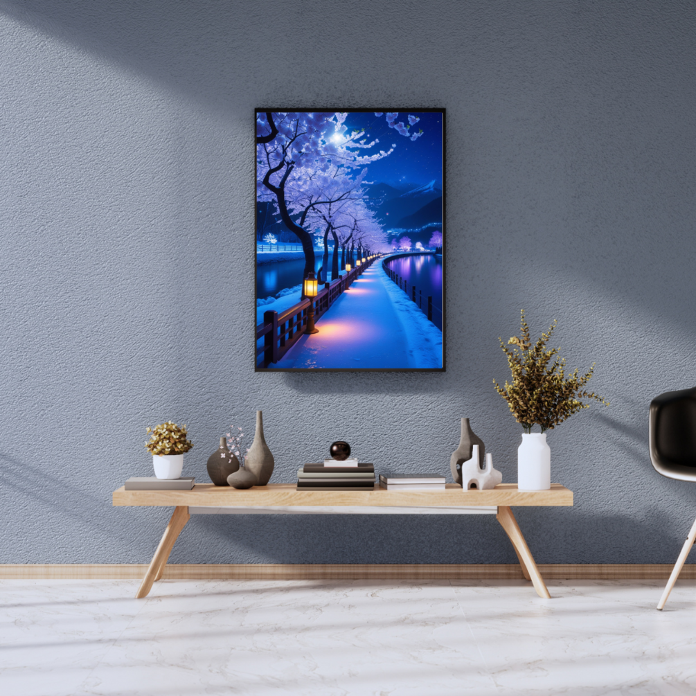 Moonlit Sakura Path – Winter Night Printable Wall Art