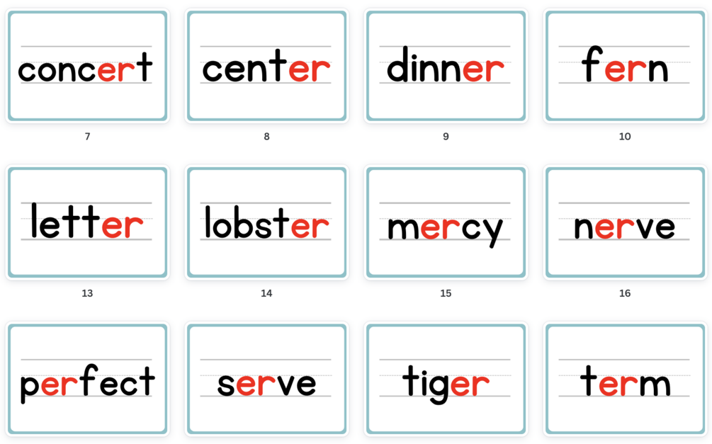 Phonics Flashcards: Bossy R "ER" WORDS