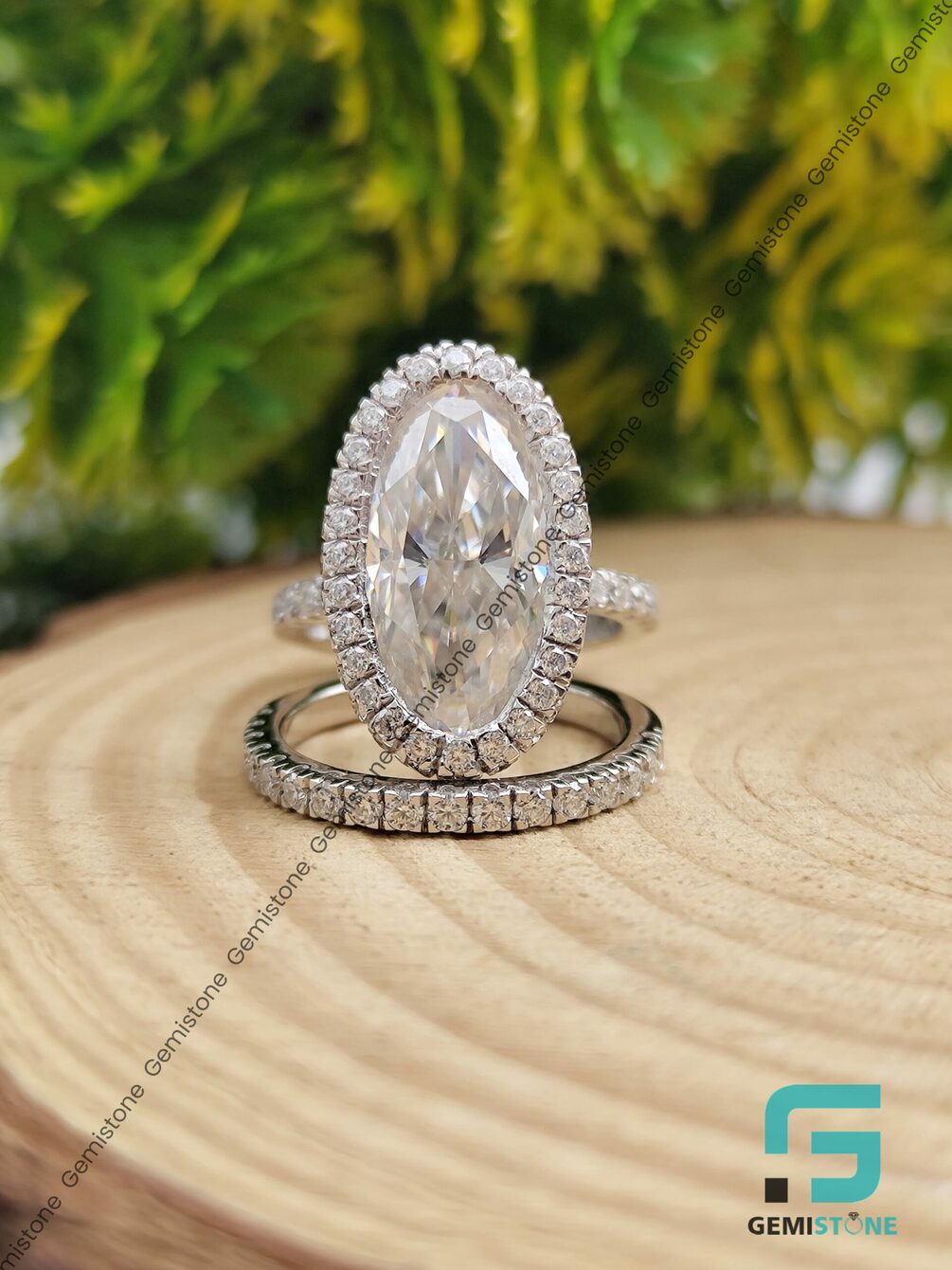 5Ct Bridal Hidden Halo Elongated Oval Wedding Ring Set