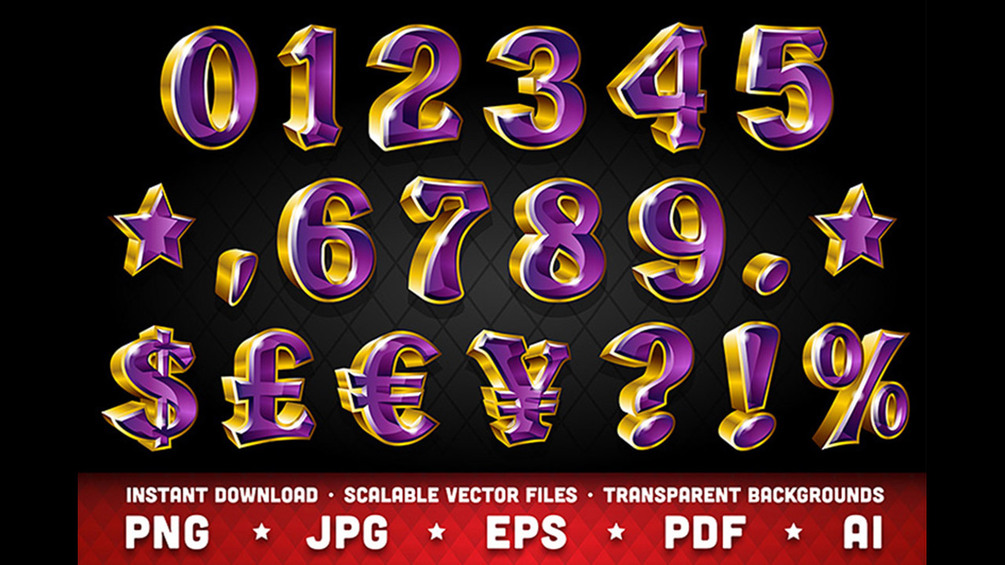 Set of Vector Casino Style Gold Numbers and Currency Symbols