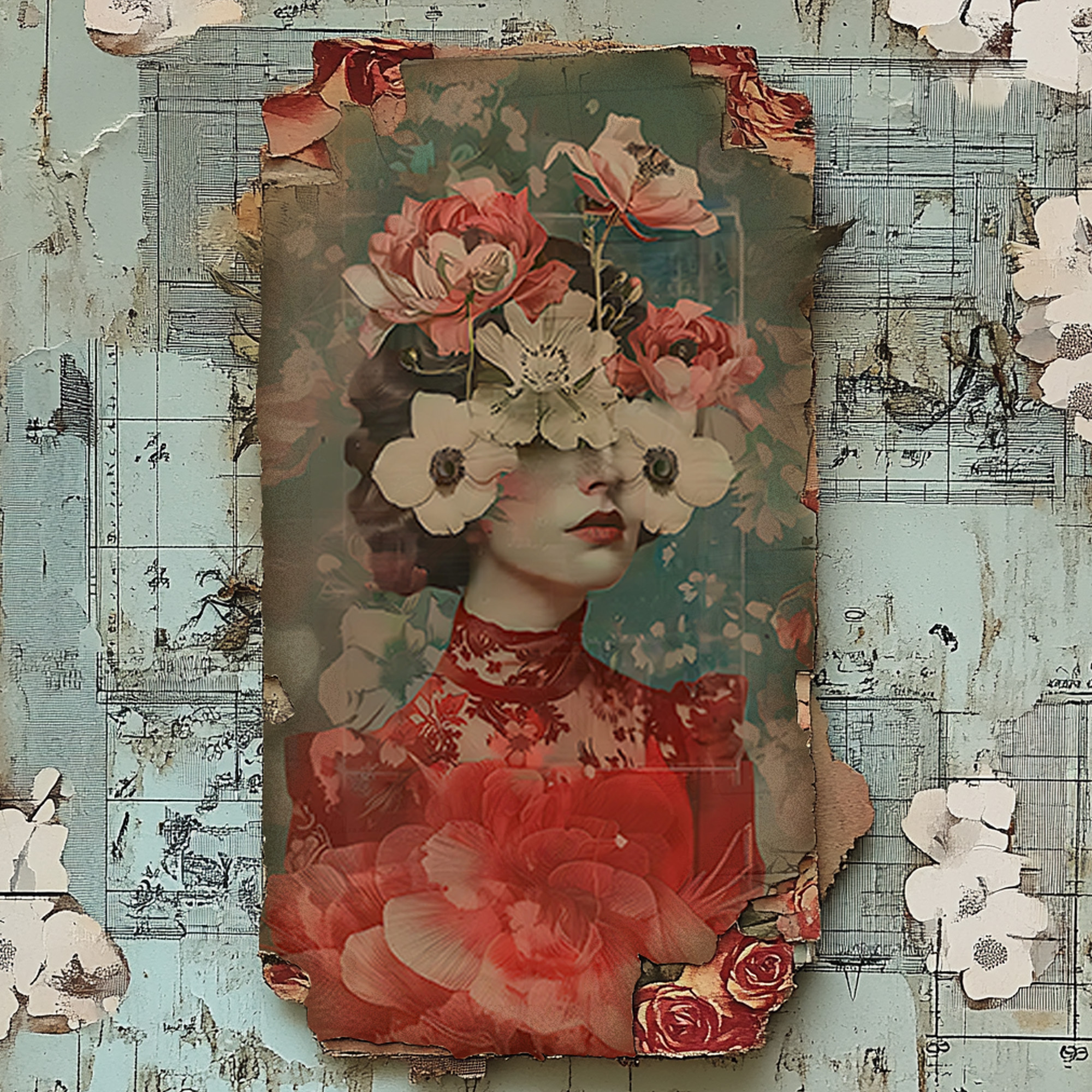 16 pc Red Floral Portrait Woman Collage Printable Junk Journal Half ...