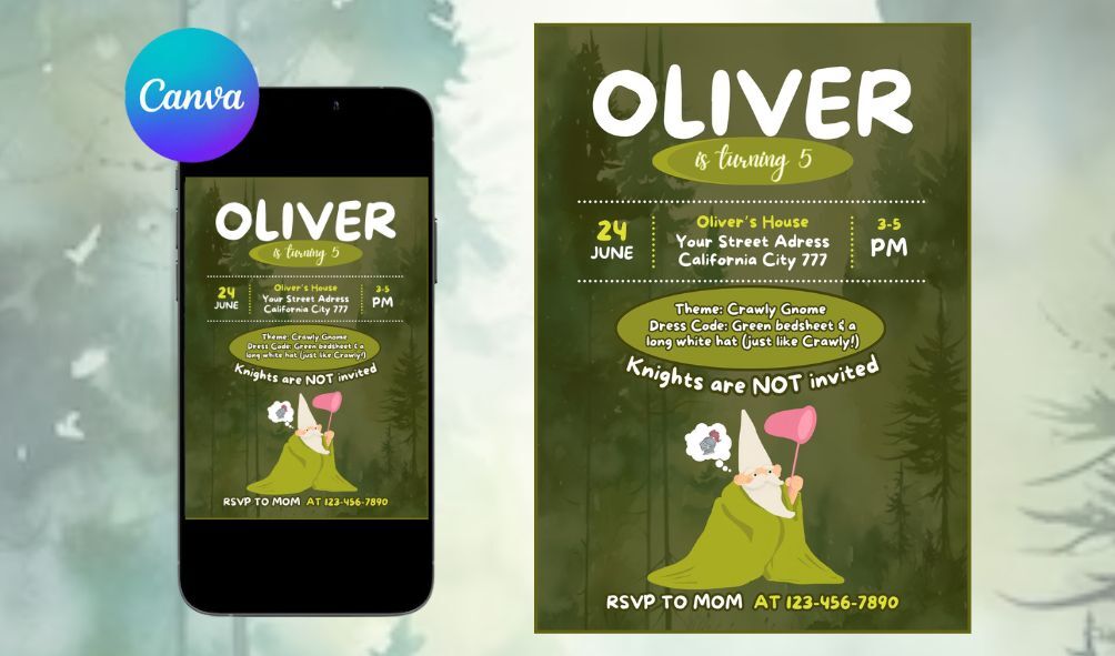 Editable Crawly Gnome birthday invitation template, editable canva ...