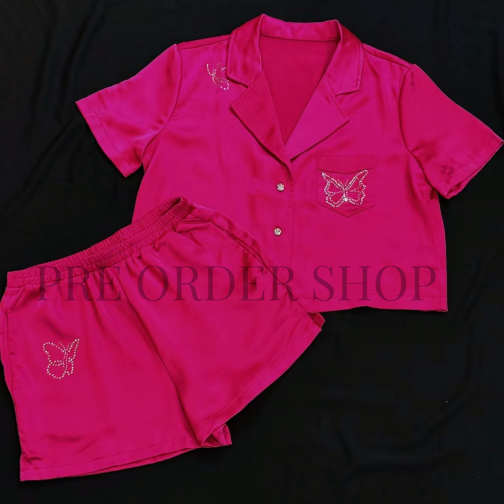 Neon Pink Bling Butterfly Pajama Shorts Set