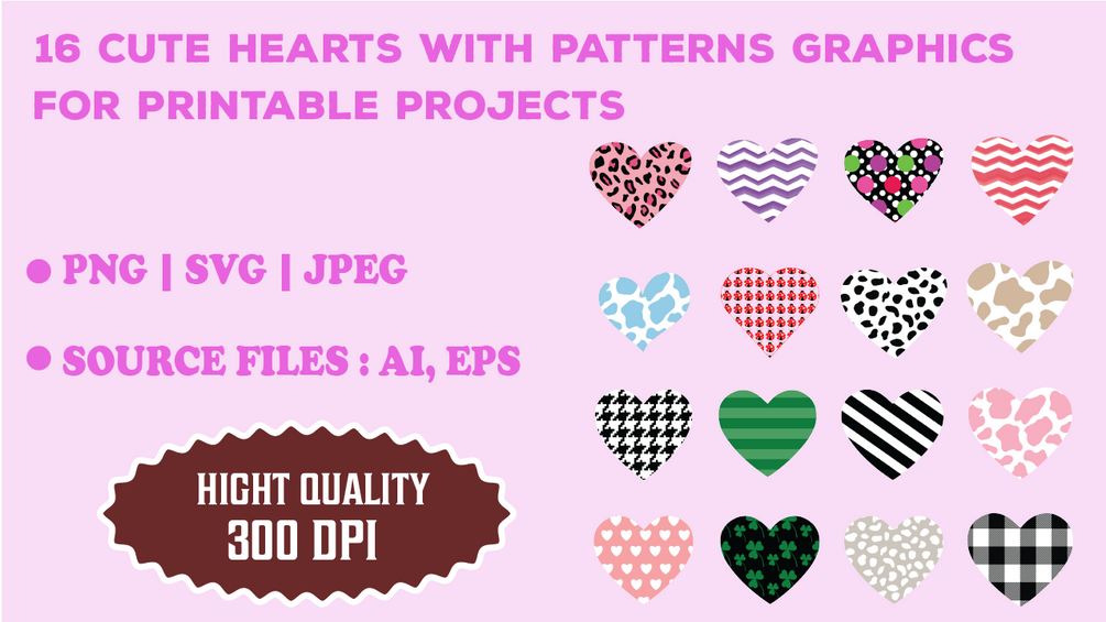 16 Cute Hearts With Patterns | Print Graphics