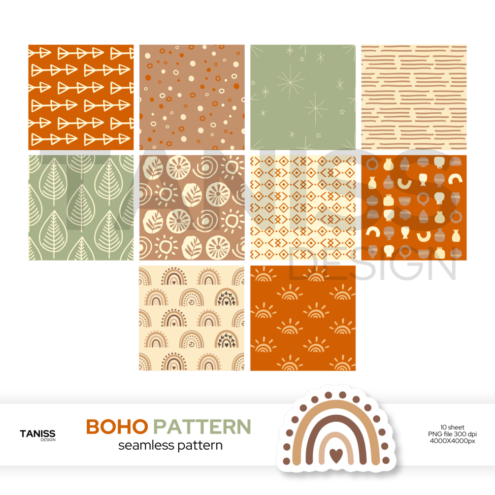 10 Boho Seamless Digital Papers, Boho Scrapbook Paper, Boho Backgrounds ...