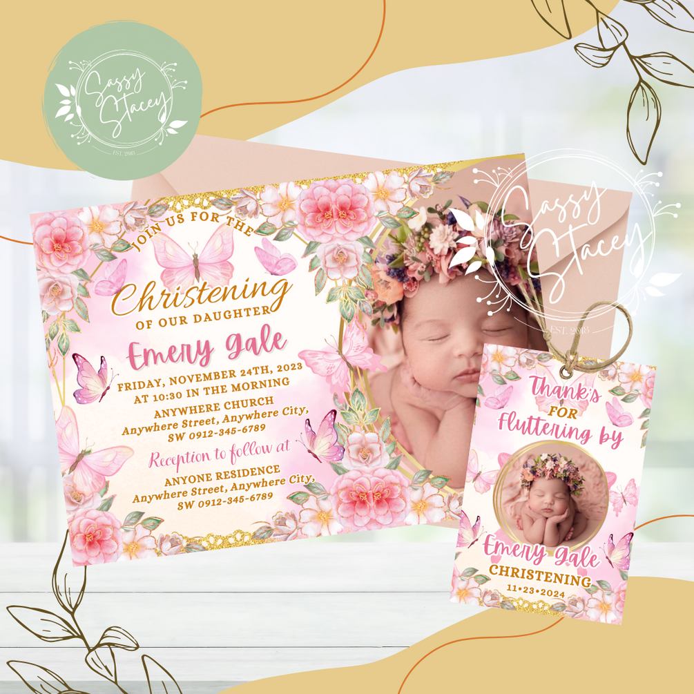 Custom Pink Butterfly Theme Invitation and Thank You Tag