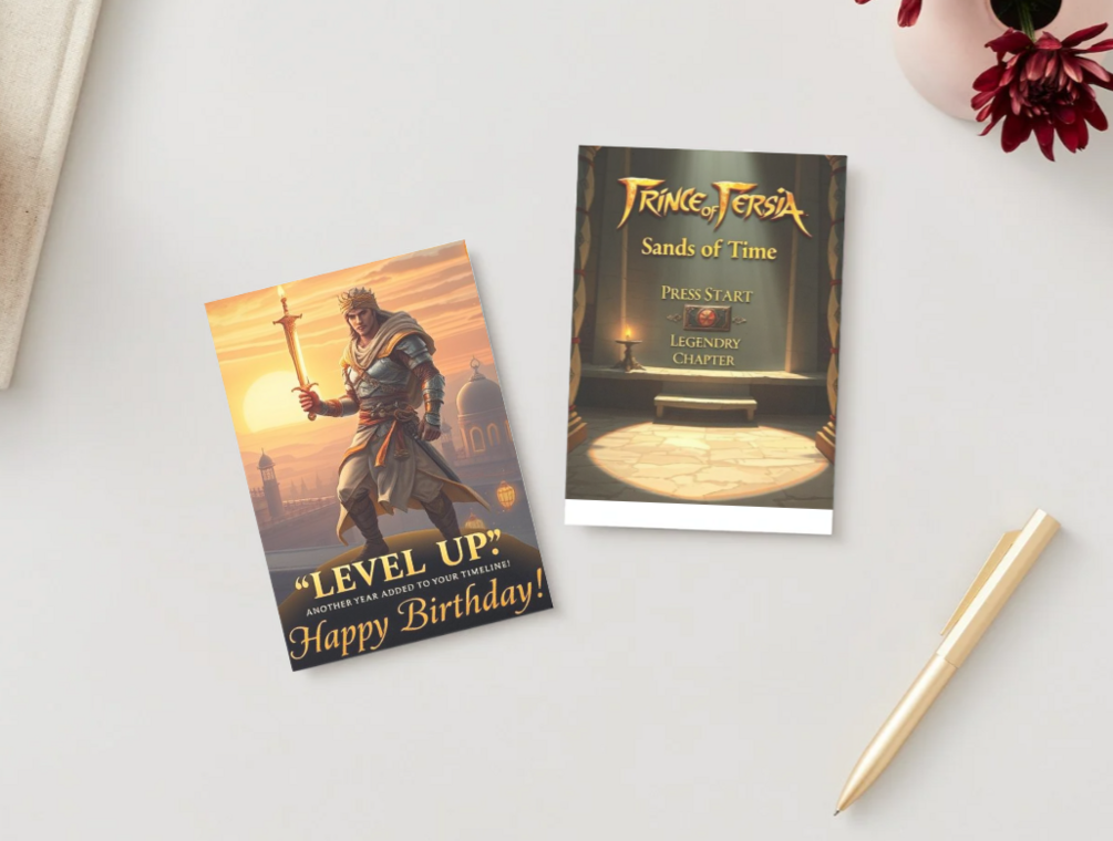 Prince of Persia–inspired time-travel birthday theme card