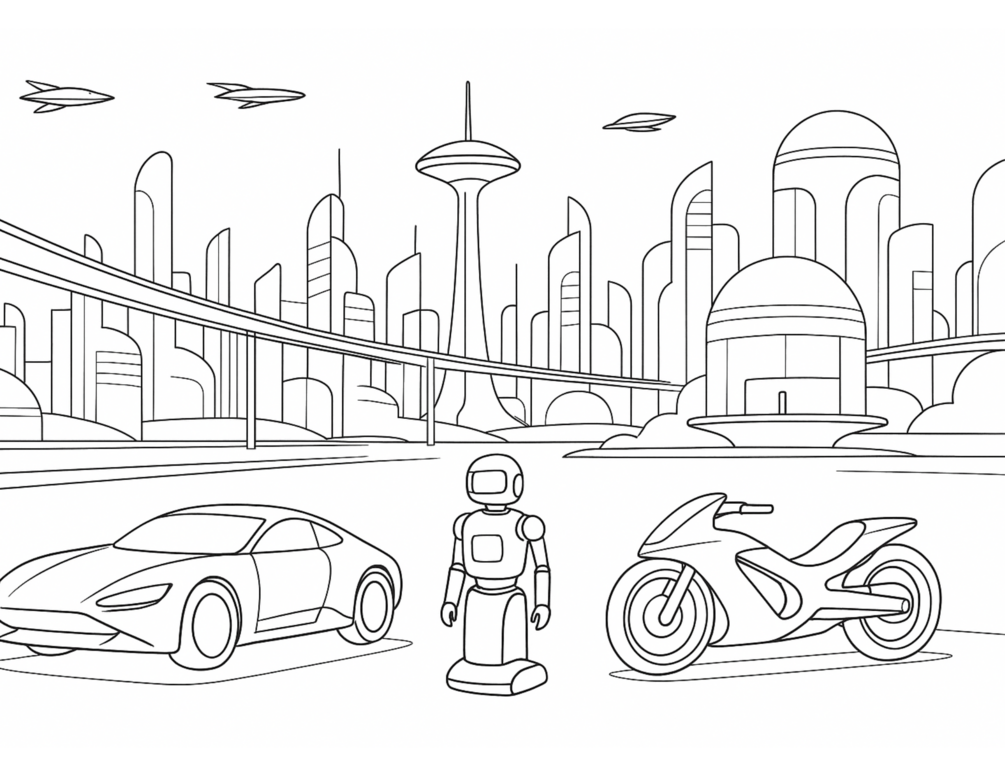 Futuristic Coloring Pages – Printable Sci-Fi & Urban Scenes