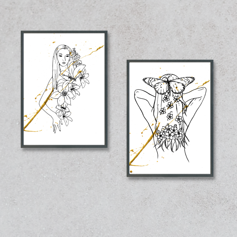 Woman Line Art With Flowers | Print Set of 2 | Gold | Woman Line ...