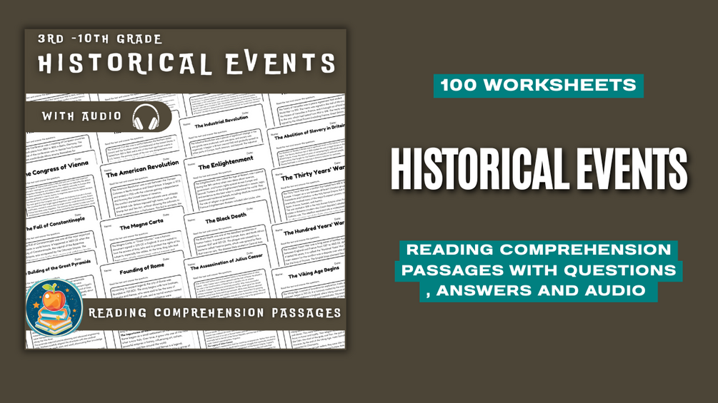 100 Historical Events Reading Comprehension Passages Worksheet Bundle ...