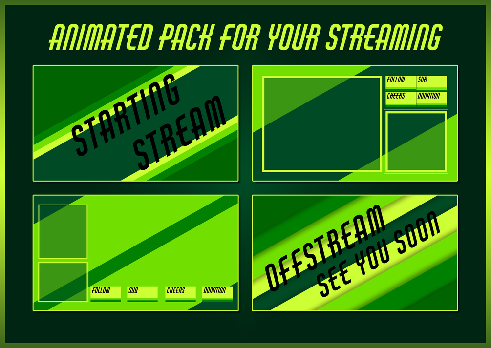 Animated overlays for streaming Twitch Youtube Green and Yellow version
