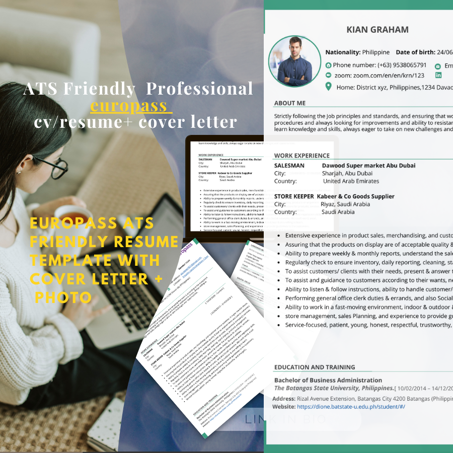 Europass ATS Friendly resume template with cover letter + photo ...