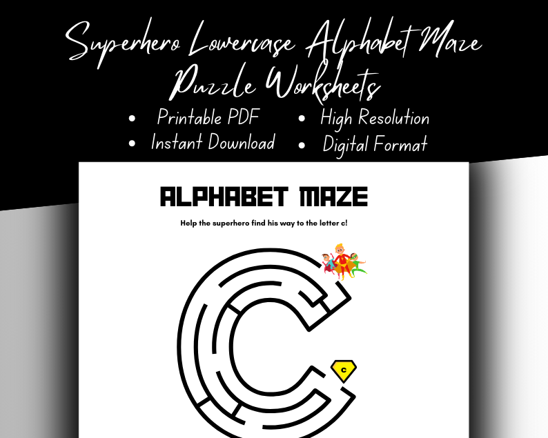 Superhero Lowercase Alphabet Maze Puzzle Worksheets | Instant Download ...