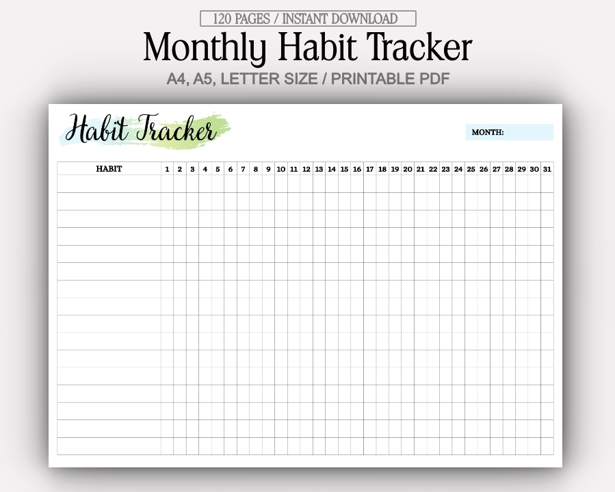 Monthly Habit Tracker Printable - 31 Day Tracker for Tracking Habits ...