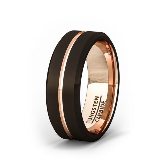 RARE BROWN TUNGSTEN RING INSIDE ROSE GOLD GROOVE BEVELED EDGE