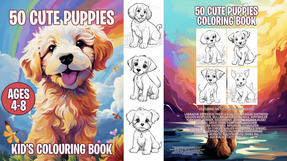 50 Cute Puppies - (Kids colouring book)
