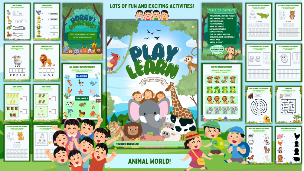 Play and Learn - Animal World | 50-Page Printable Busy Book For Kids