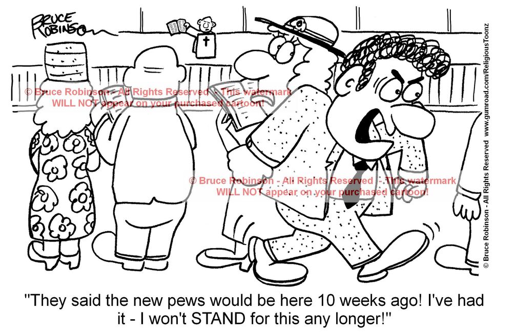 "They said the new pews..." cartoon