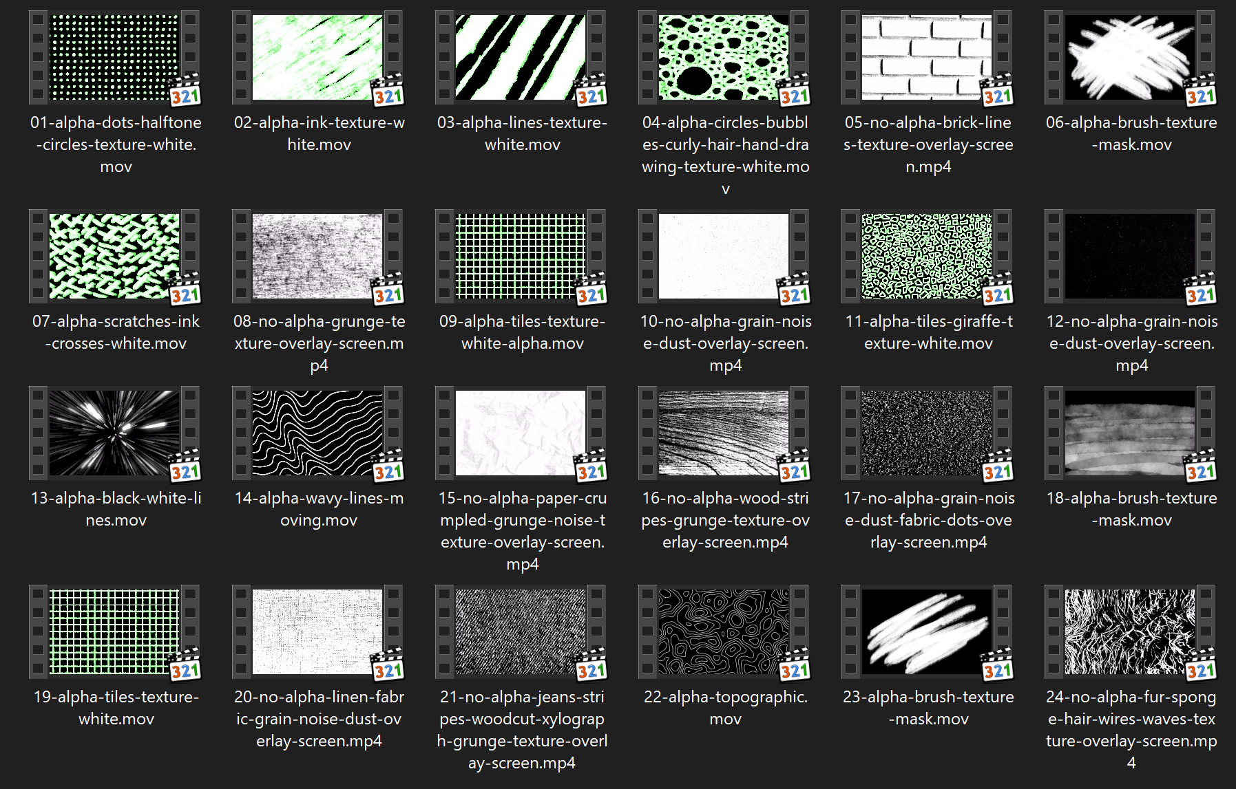 Pack of 24 animated textures for footages in After Effects, Premiere ...