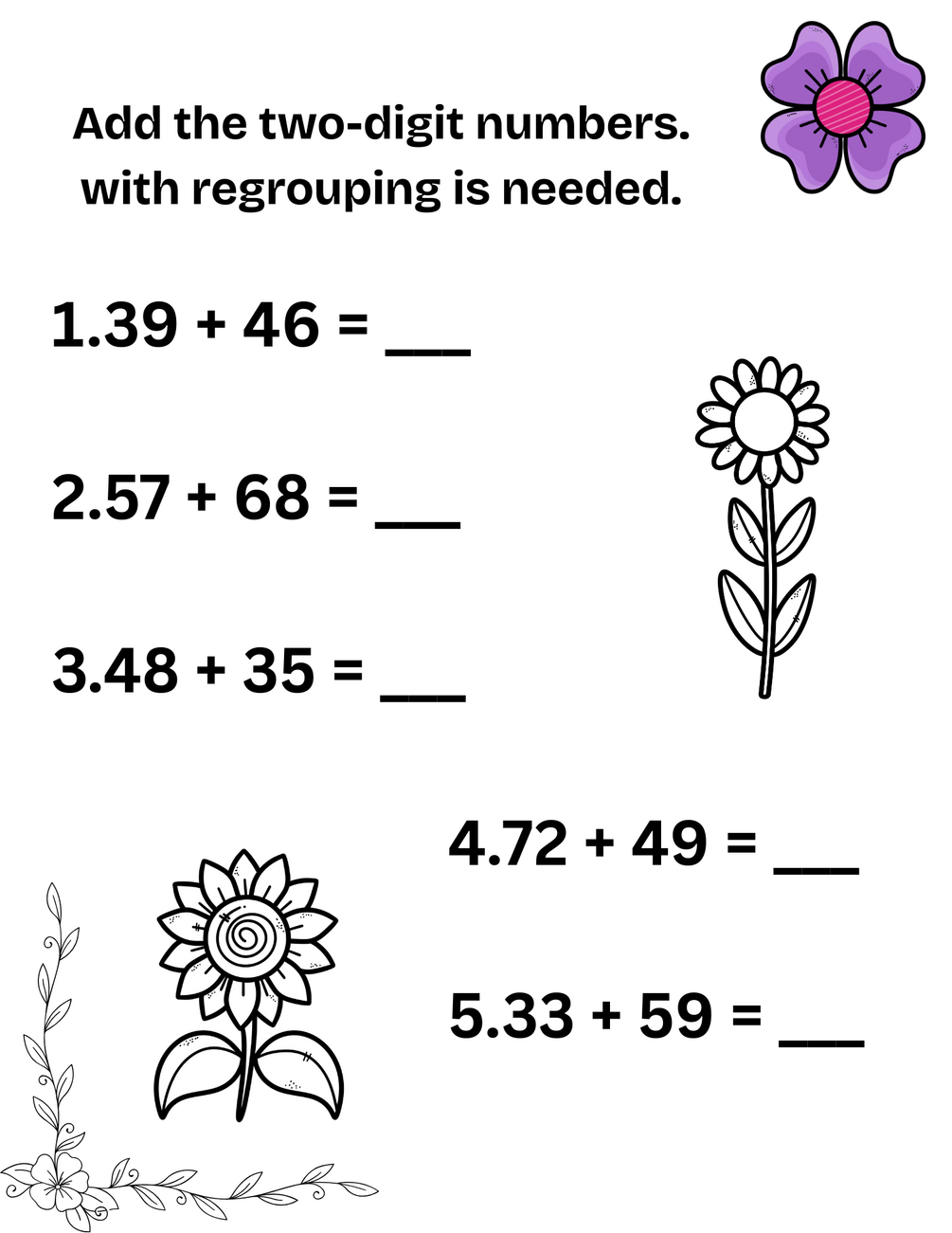 Blooming Math! 2-Digit Addition Worksheets | Regrouping + No Regrouping ...