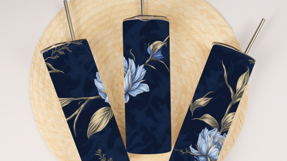 Navy Blue Gold 3D Floral Sublimation,20 oz Skinny Tumbler wrap ...