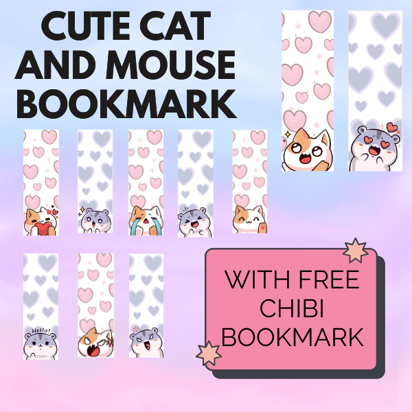 Bookmarks, Cute Cat and Mouse Set of Bookmarks with FREE CHIBI BOOKMARK
