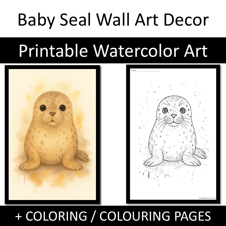 Baby Seal Wall Art and Coloring Page Digital Download Printable ...