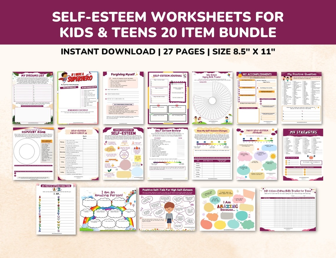 Self-Esteem Worksheets 20 Item Printable Bundle for Kids & Teens-Mental ...