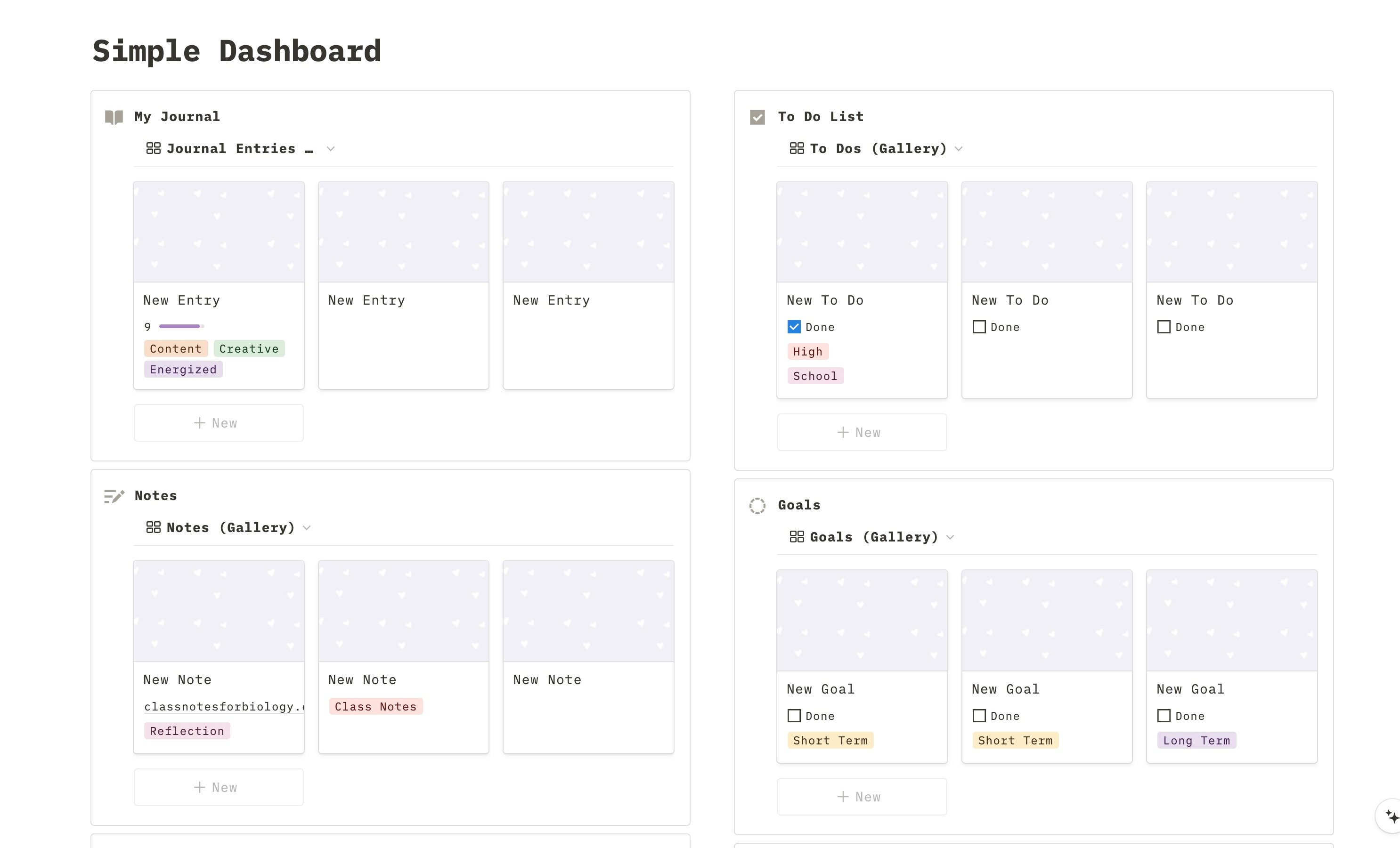 Simple Dashboard | Notion Template | Simple Life Planner