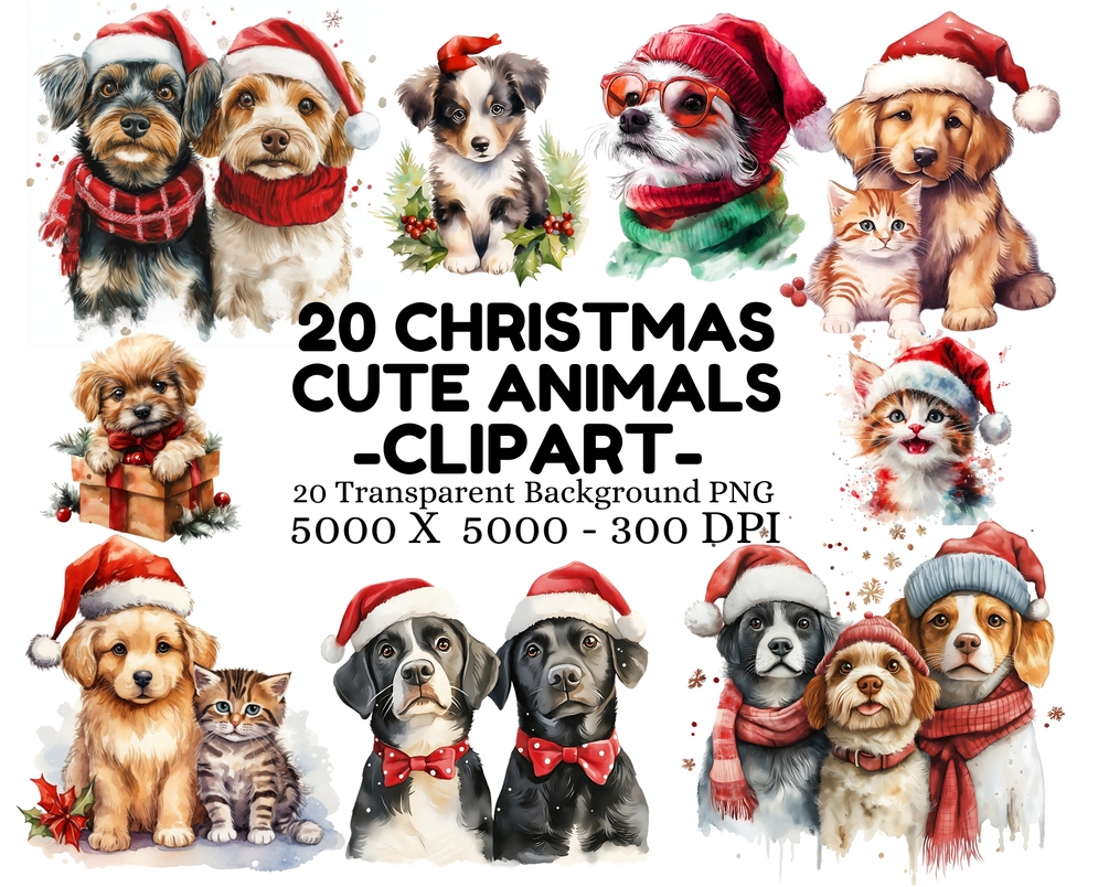 Christmas Themed Cute Animal Clipart Set | Holiday Illustrations ...