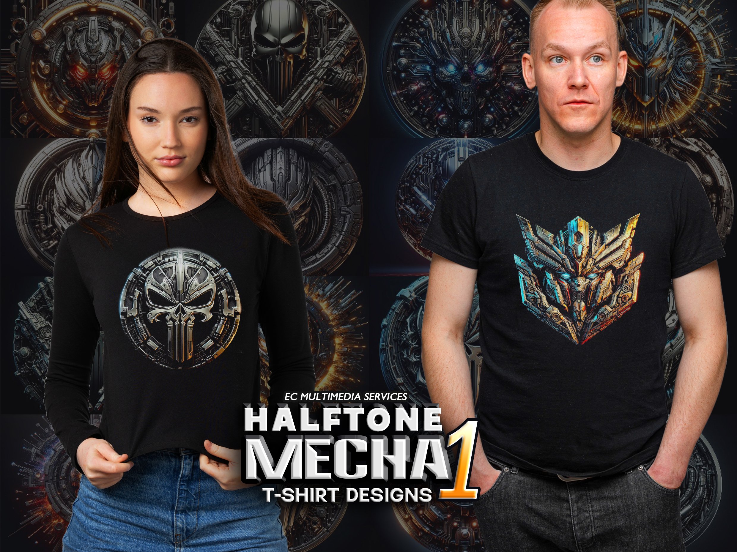 41 Halftone Mecha design 1, futuristic PNG cyberpunk mecha t-shirt design for DTF DTG heat press ...