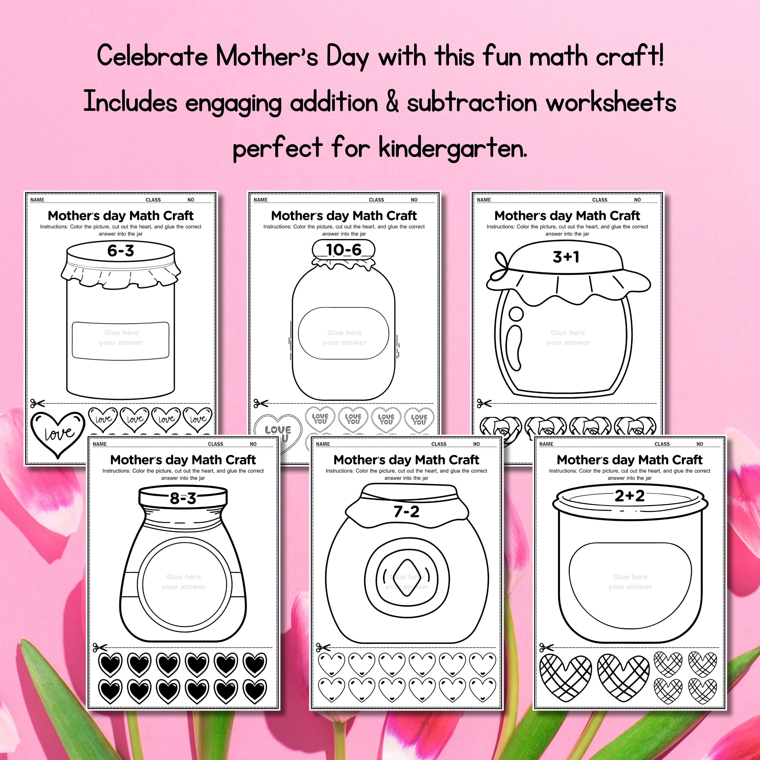 Mother's Day Math Craft, Addition & Subtraction Worksheets for Kindergarten
