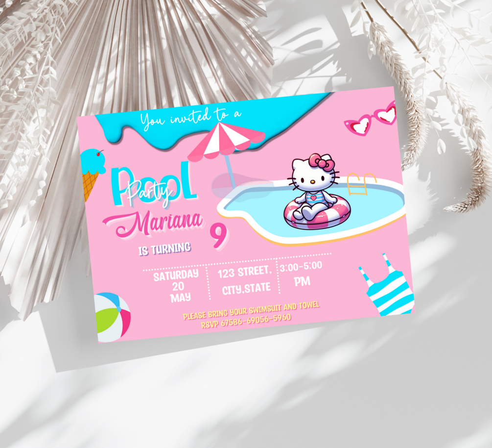 Hello Kitty Pink Pool Horizontal Birthday Invitation | Fun ...