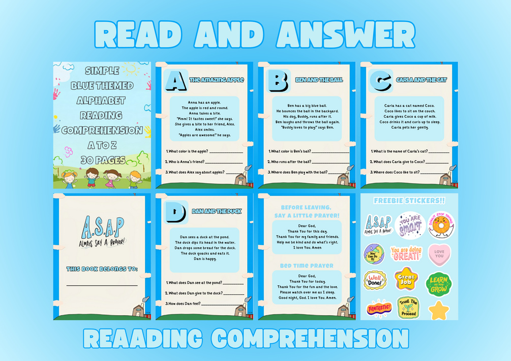 Blue-themed Alphabet Reading Comprehension Book for Kids (30 printable ...