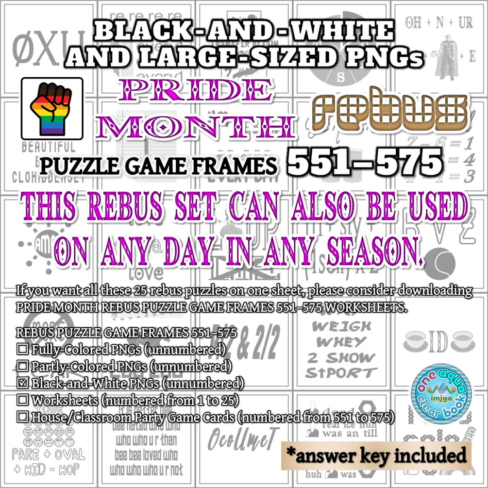 Black-and-White PRIDE MONTH Rebus Puzzle Game Frames 551–575 PNGs