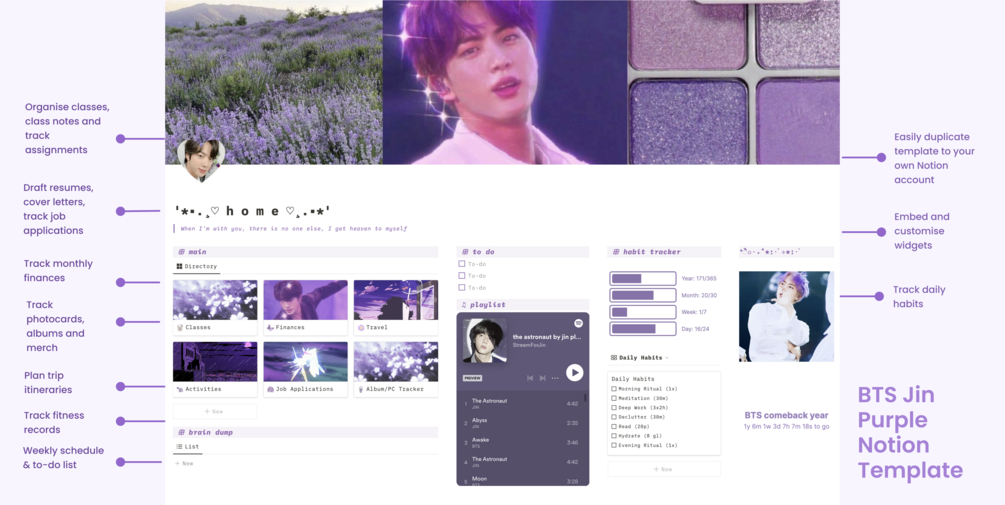 💜 BTS Jin Purple Notion Template