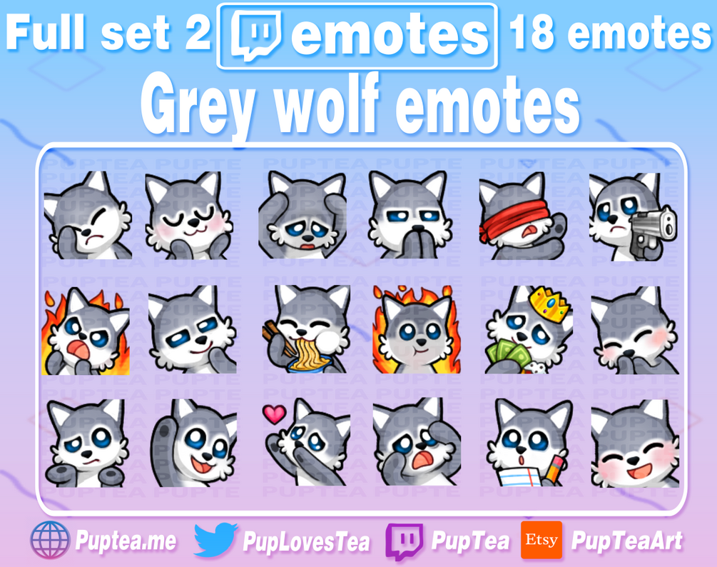 18 Cute Grey Wolf Emotes Pack for Twitch and Discord | Full Set 2