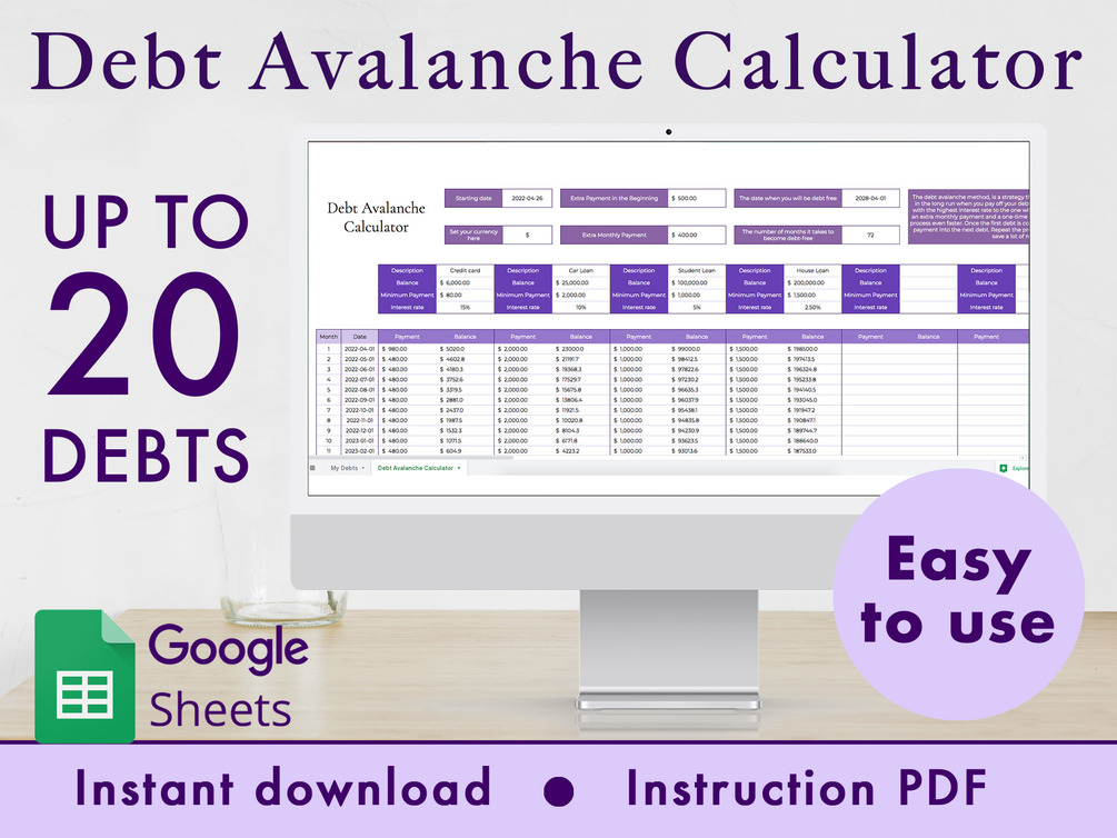 Debt Avalanche Calculator Spreadsheet Google Sheets (Purple)