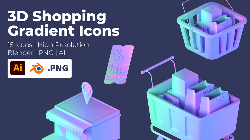 15 Shopping Gradient 3D Icons
