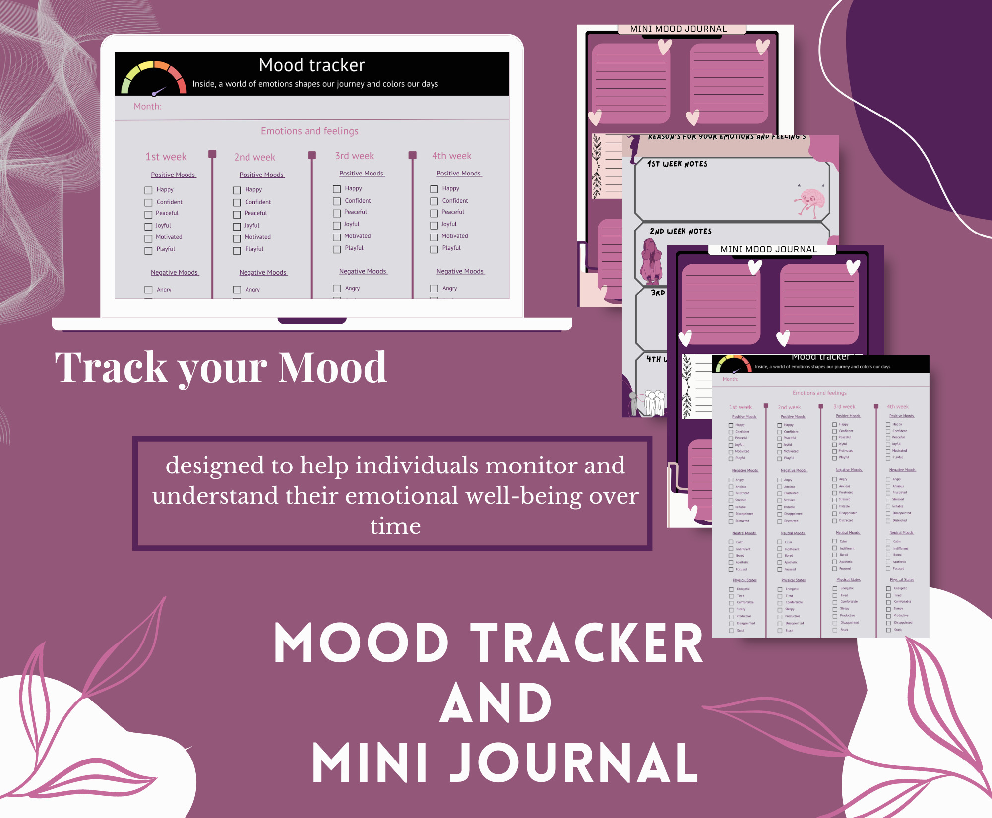 Mood tracker and mini Journal Editable Canva Template