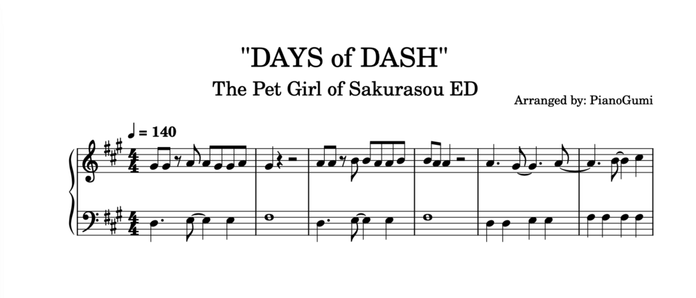 The Pet Girl of Sakurasou ED - "DAYS of DASH" - EASY Piano Sheet Music
