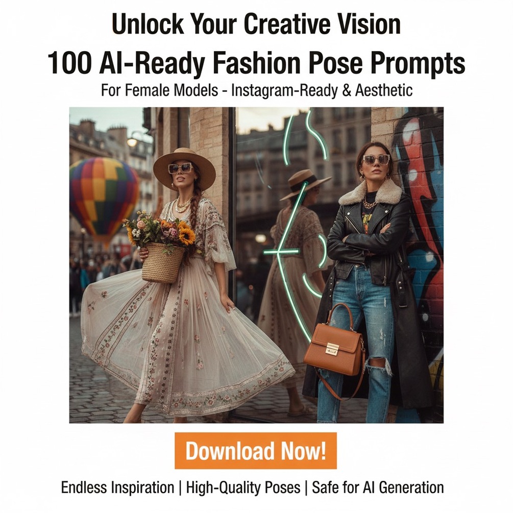 100 Female Fashion Pose Prompts – AI & Instagram-Ready Digital PDF