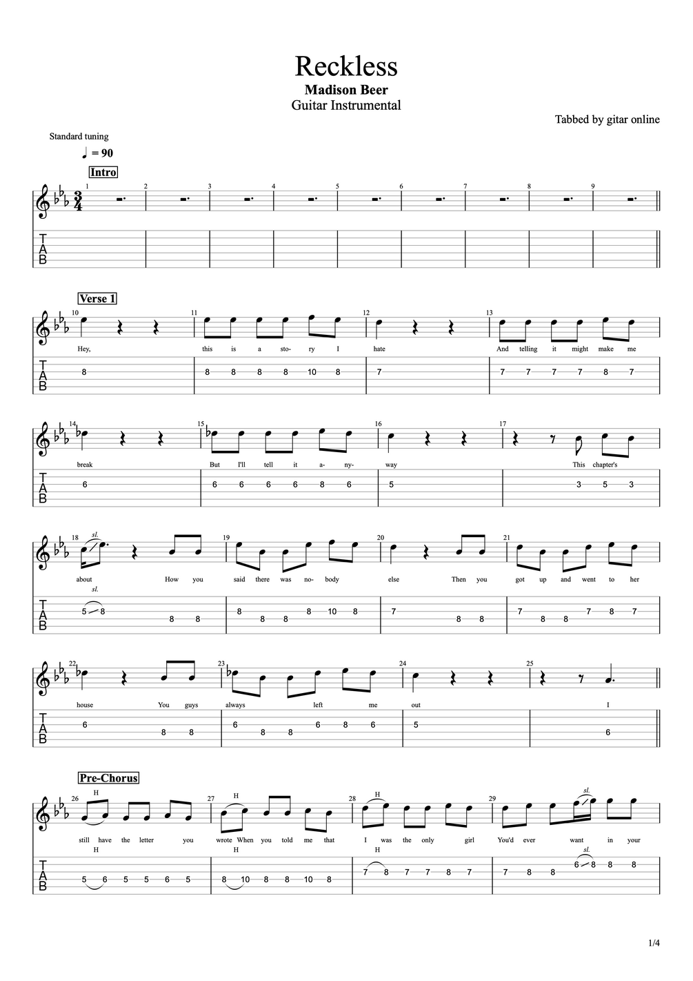 TAB. Reckless - Madison Beer (Guitar Instrumental)