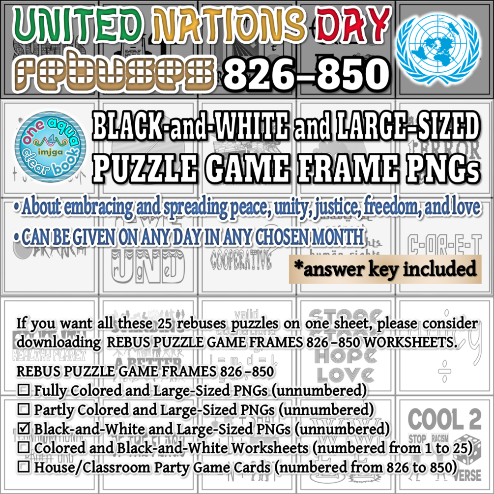 Black-and-White UNITED NATIONS DAY Rebus Puzzle Game Frames 826–850 PNGs
