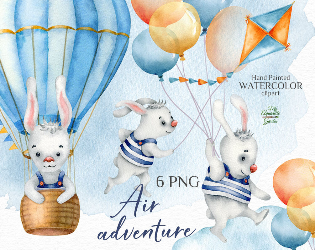 Air adventure. Cute bunny. Hot air balloon, kite, clouds.